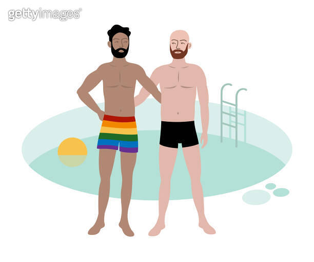 Gay couple by the pool. LGBT swimwear in rainbow colors. 이미지 ...