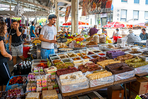 People at the local traditional market at Konyaalti Liman in Antalya ...