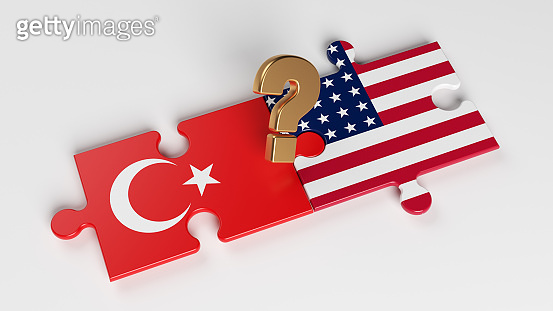 Gold-colored question marks symbol and American and Turkish flag on the ...