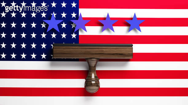 Blue color Democrat party stars And wooden stamp on American flag. 이미지 ...