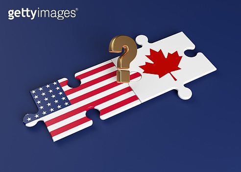 Gold-colored question mark symbol. American and Canadian flags are on ...
