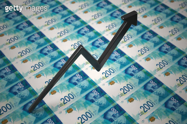 Two hundred shekel banknote and finance arrow. 이미지 (1391080060) - 게티이미지뱅크