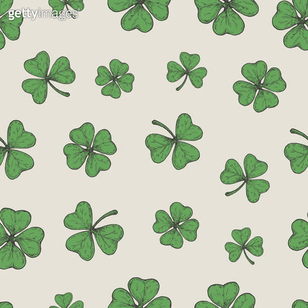 Hand Drawn Green Lucky Shamrock and Trefoil Leaves Vector Seamless ...
