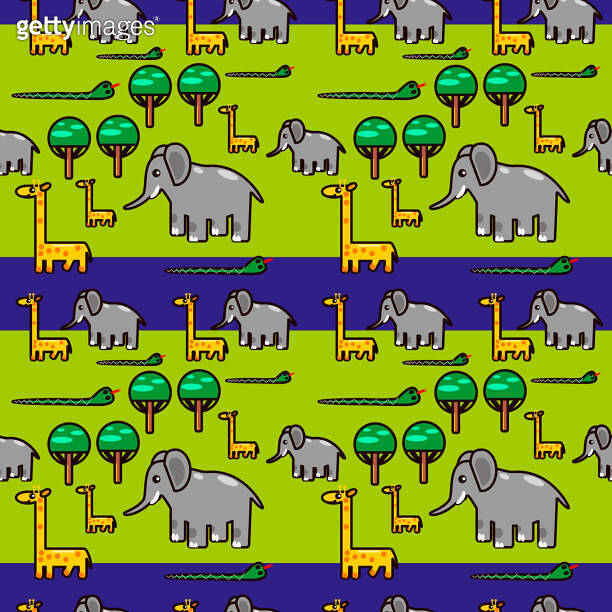 Seamless texture "Animals of the savanna". Elephants and giraffes roam ...