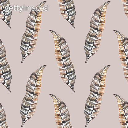 Seamless pattern watercolor brown bird owl feather with stripe on gray ...