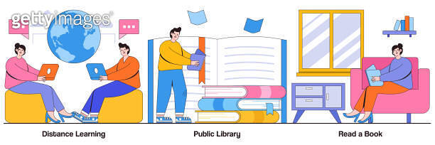Distance learning, public library, read a book concept with people ...