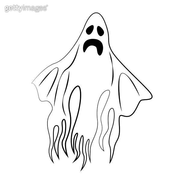 White ghost with black outline and scary face, halloween vector ...