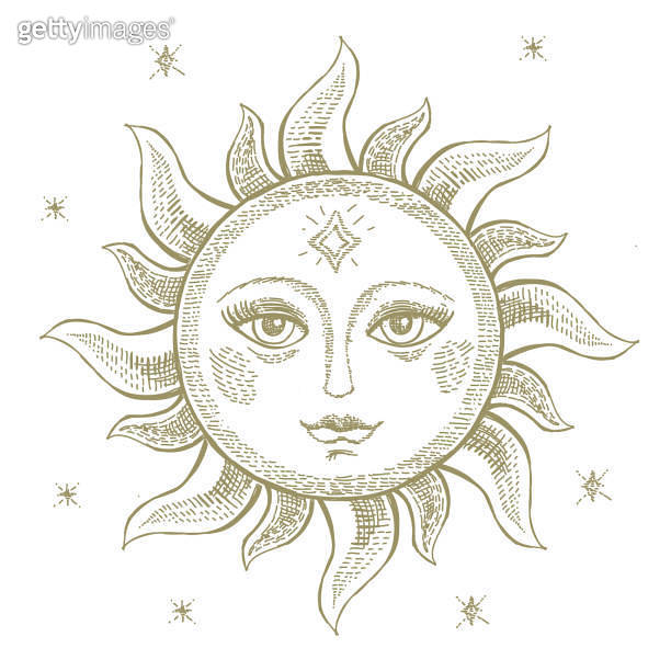 Sun face hand drawing engraving style, Engaraving sun symbol with ...
