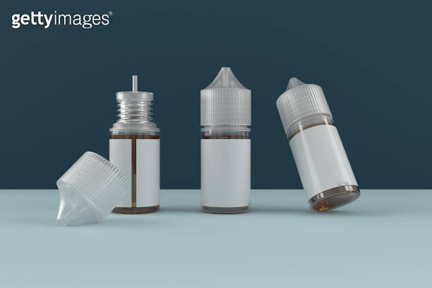3D Render of 30 ml Bottles e juice Vape Liquid in a blue studio setting ...