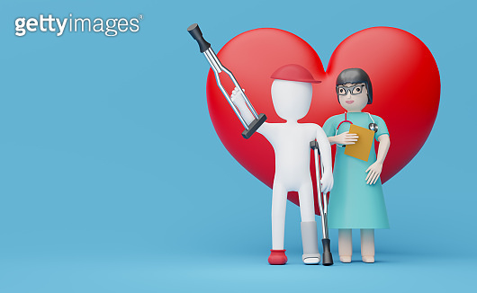 Stick man and crutches with Doctor and red heart in blue background ...