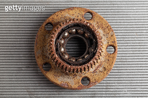 Old rusty wheel hub with a broken bearing. Bearing jamming. Automotive ...