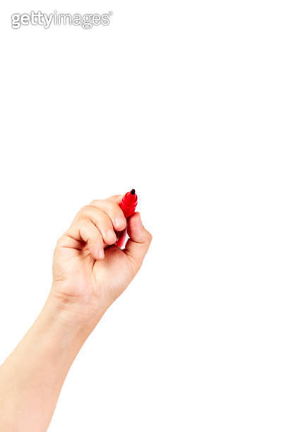 Writing male hand. Hand hold red pen write on the wall isolated on ...