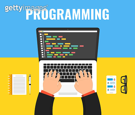 Programming, web development concept. Code on the screen laptop. Vector ...