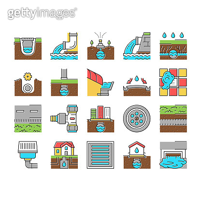 Drainage Water System Collection Icons Set Vector . 이미지 (1372101559 ...