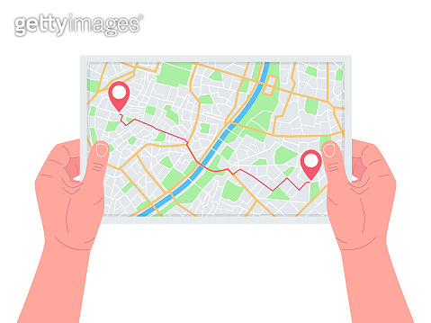 Man holding a city map in his hands with two points navigation. Finding ...