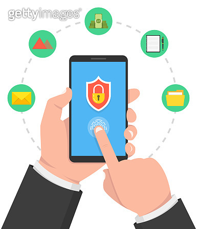 Hand holding smartphone with lock on the screen. Mobile security concept. Icons set. Vector ...
