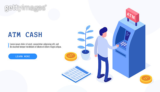 Man standing near atm machine. Human queue at atm, web cashbox, machine ...