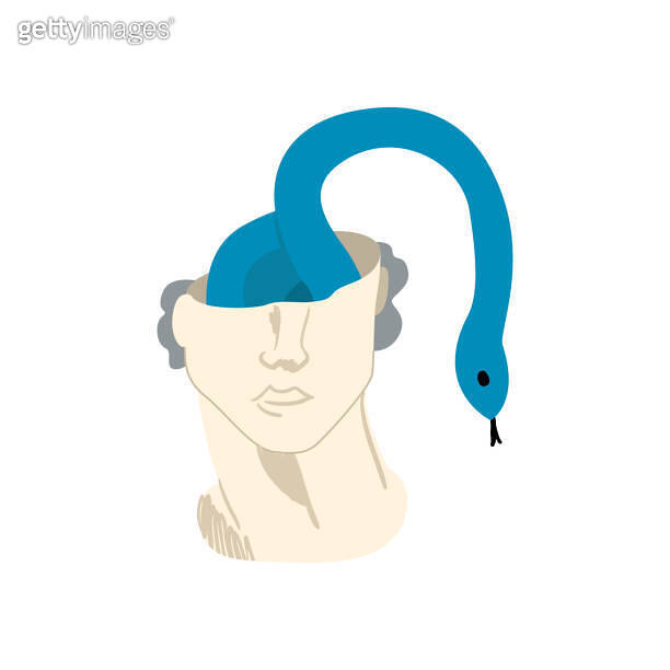 Antique sculpture of human head and blue snake. Vector illustration on ...