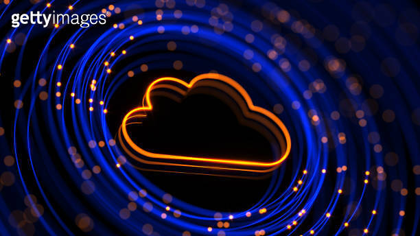 Digital screen with cloud computing and abstract glowing circular ...