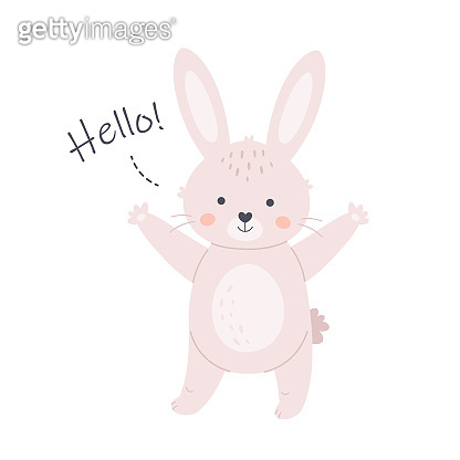 Cute white bunny saying Hello. Greeting card. Cute animals. Hand drawn ...