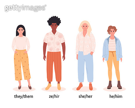 Women holding sign with gender pronouns. She, he, they, ze, non-binary ...