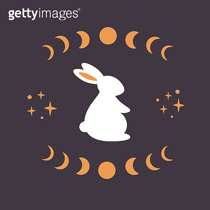 Cute white rabbit with astrological, esoteric elements. Moon phases ...