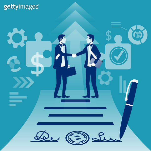 Two businessmen shake hands after signing the contract. Vector flat ...