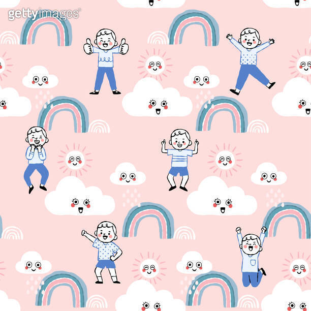 seamless pattern hand drawn boy very happy in various actions, excited ...