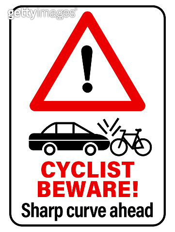 Cyclists beware, sharp curve ahead. Warning sign with silhouettes of ...