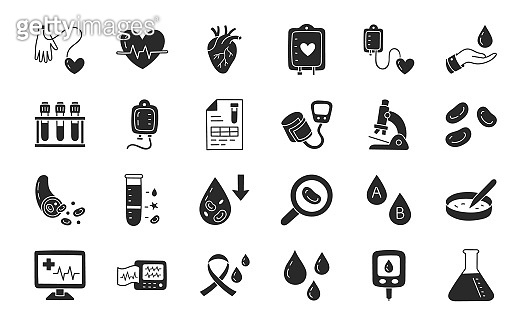 Medical blood doodle flat illustration including icons - transfusion ...