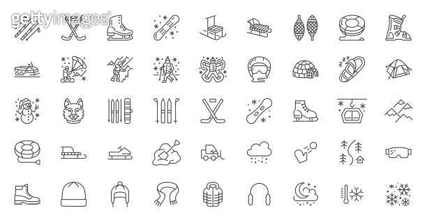 Winter sport vector flat line icons. Outdoor activities equipment ...