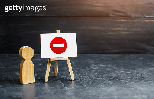 People and easel with a prohibition sign. Restrictions on rights, rules ...