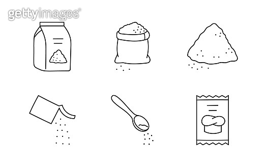Flour doodle illustration including icons - sack, sugar, sachet, yeast ...