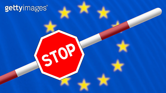 Flag of the European Union EU, barrier and stop sign 이미지 (1409880737 ...