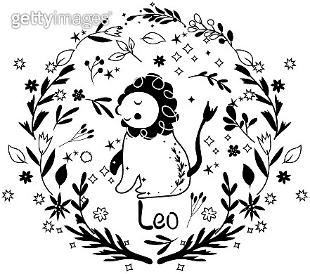 Black and white Leo. Cute Zodiac in a colorful wreath of leaves ...