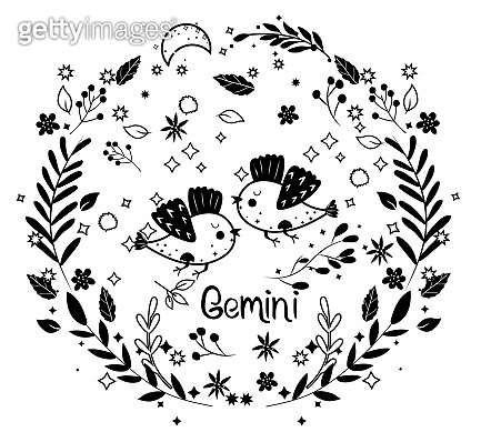 Black and white Gemini. Cute Zodiac in a colorful wreath of leaves ...