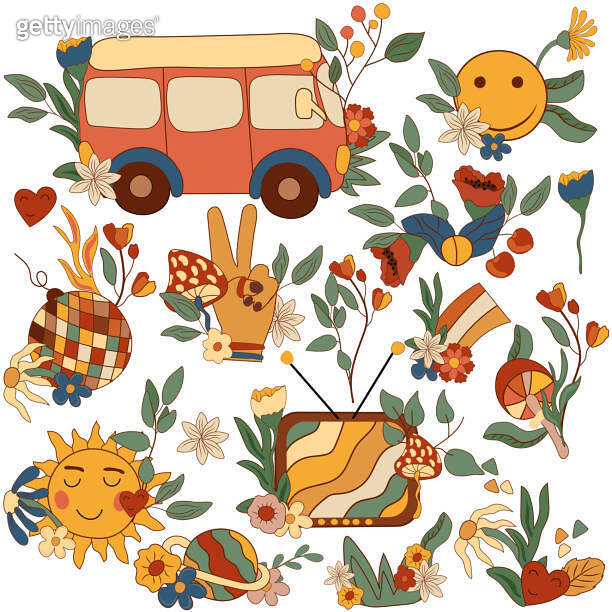 Positive compositions 70s groovy element, smile sun with flowers ...