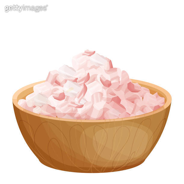 Himalayan pink salt pile, grain mineral spice in bowl in cartoon style ...