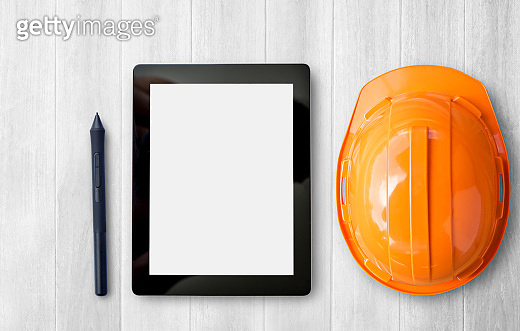 Engineer safety helmet and tablet overhead view. 이미지 (1410920701) - 게티이미지뱅크