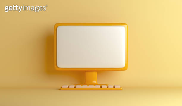 Yellow computer monitor keyboard cartoon style, 3d rendering ...