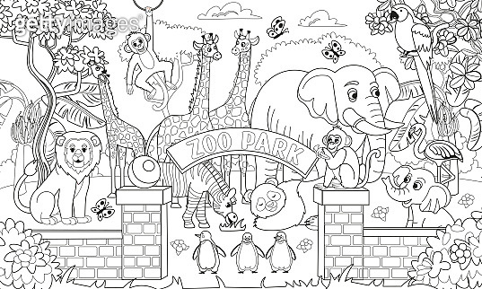 Big coloring book with zoo animals. Zoo animals set. Pandas, giraffes ...