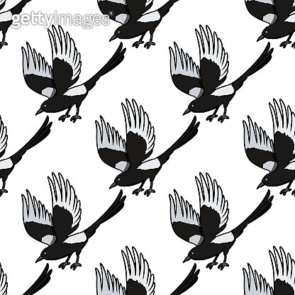 Cute cartoon magpie doodles seamless border pattern. Crow or bird ...