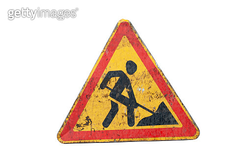 Road works dirty sign. Red, black and yellow triangle sign with digger ...