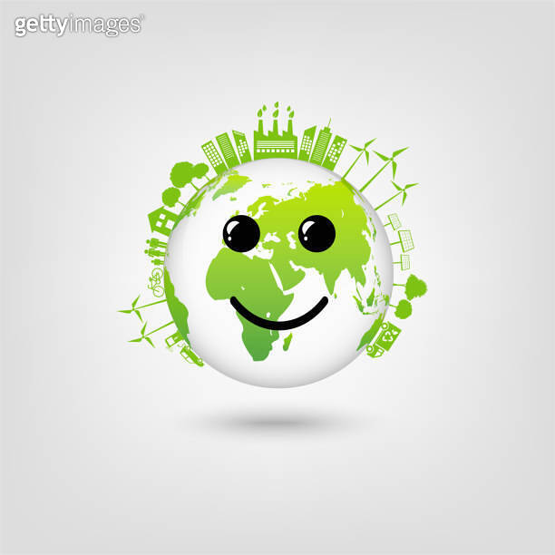 Eco Friendly green city with world smile face and happiness about good ...