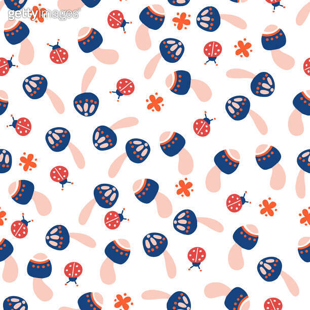 Small Mushrooms and Lady Bugs Vector Seamless Pattern 이미지 (1385092549 ...