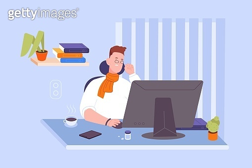 Worker sick flu. Sickly freelance employee working computer on ...