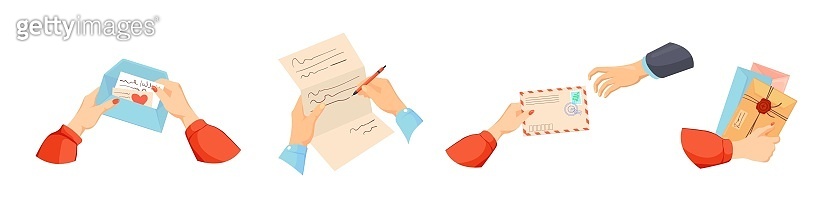 Handing postal letters. Hands writing future letter, handwritten paper ...
