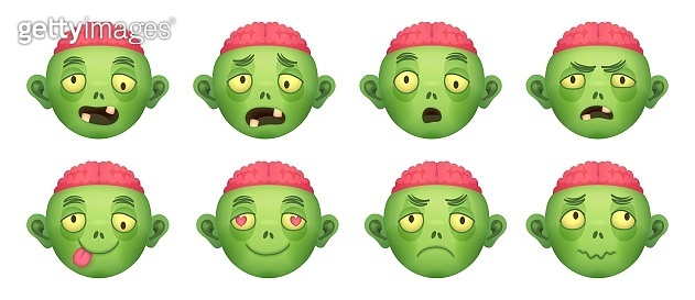 Zombie emoji. Cartoon zombies avatars, comic head with brain emoticon ...