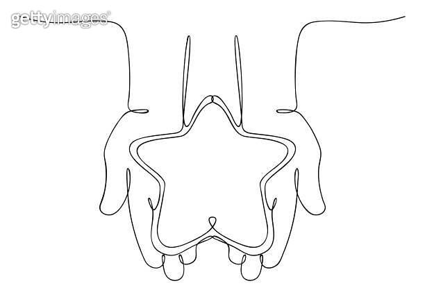 Star lies on palms of human hands. One continuous line drawing. Sketch ...