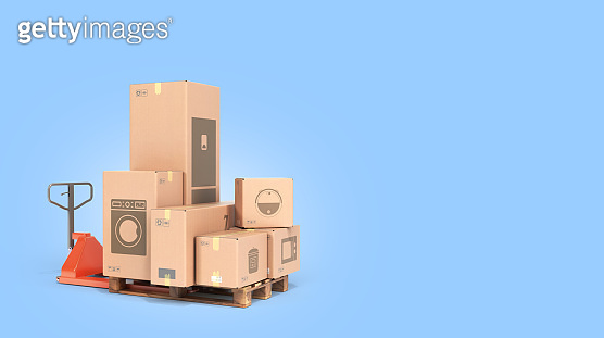 different appliance boxes set on lift loader 3d illustration on blue ...